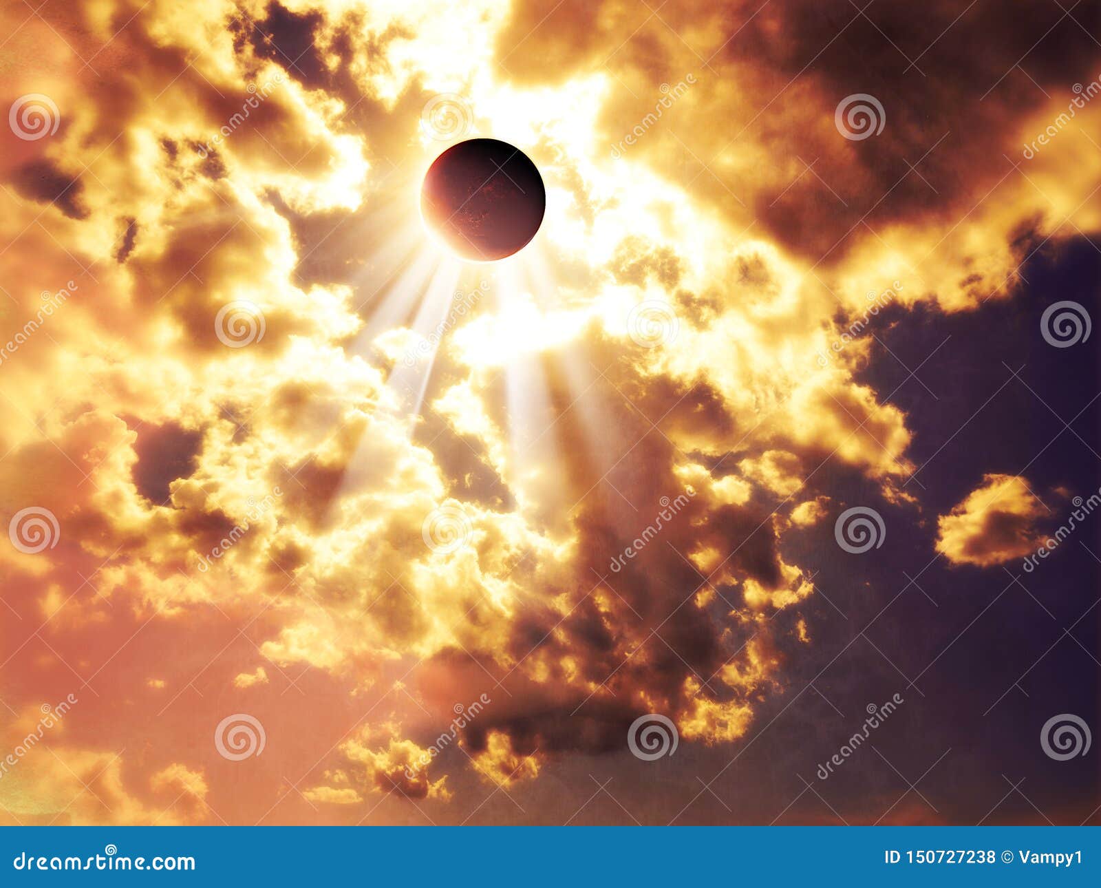 Solar Eclipse, Moon Facing the Sun. Sun Rays Passing through the Clouds ...