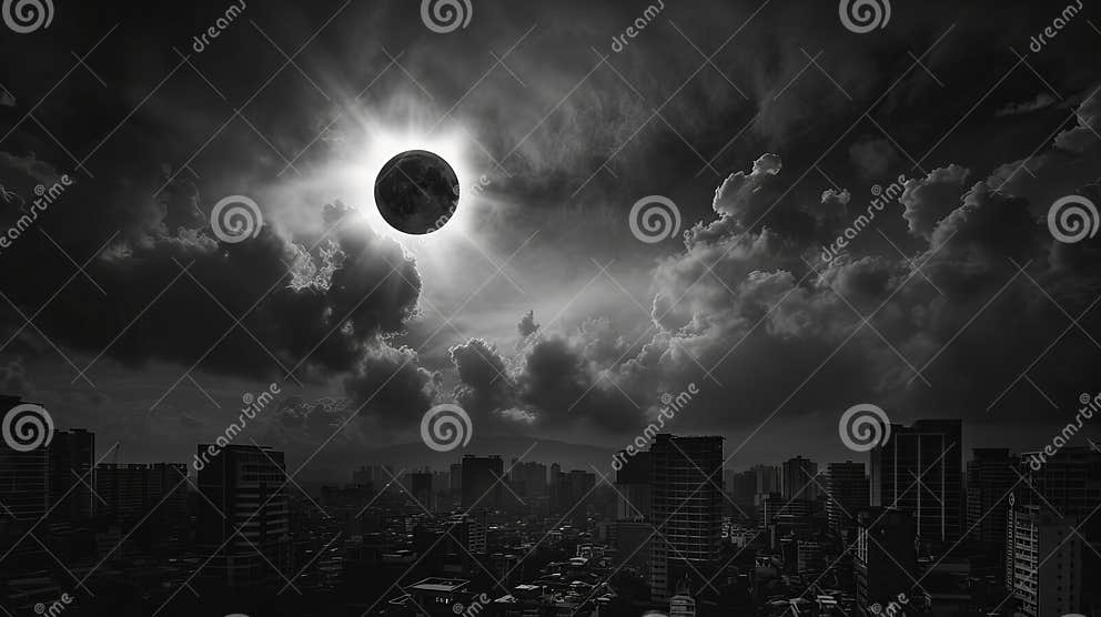 Solar Eclipse Over City Skyline during Daytime Stock Illustration ...