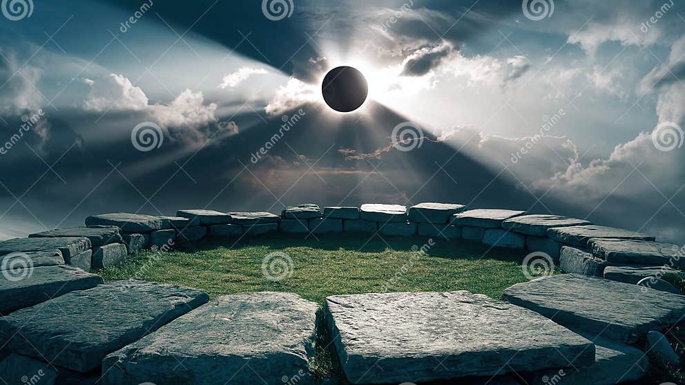 Solar Eclipse Over Stone Circle with Dramatic Clouds and Sun Rays on a ...