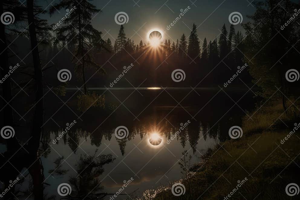 Solar Eclipse Reflected in Tranquil Lake Setting. Generative AI Stock ...
