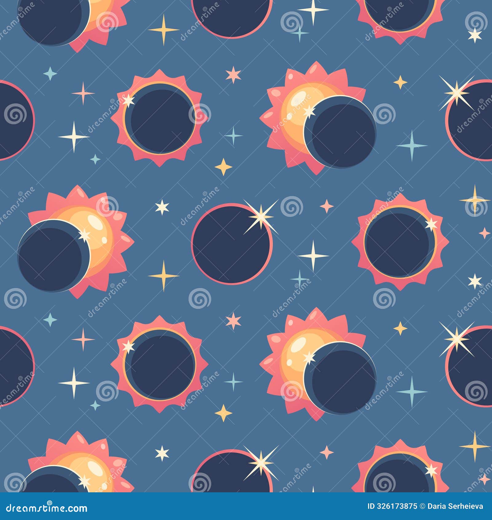 Solar Eclipse Seamless Pattern on Blue Background in Flat Cartoon Stock ...
