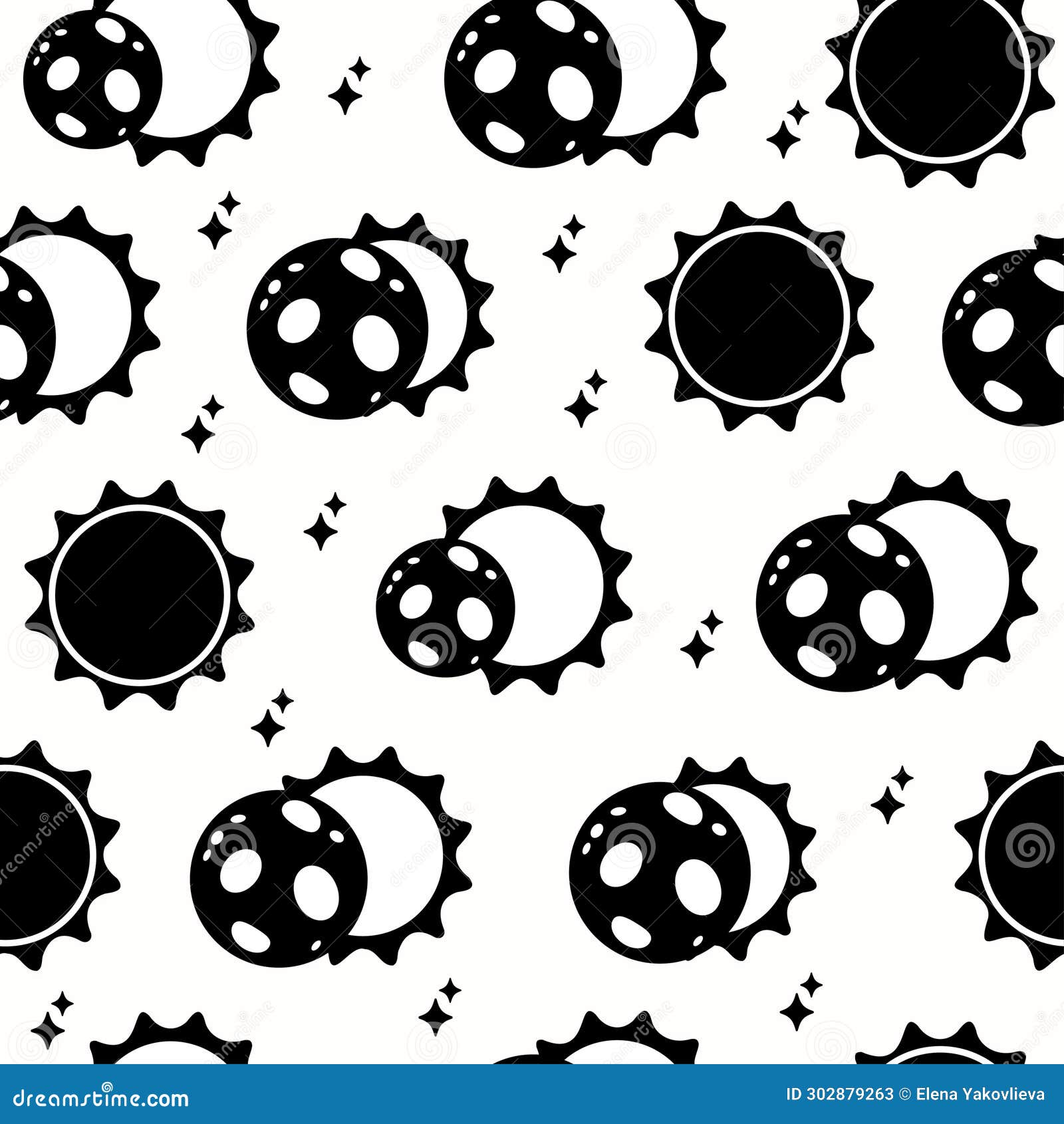 Solar Eclipse Silhouette Seamless Pattern in Flat Cartoon Style Stock ...