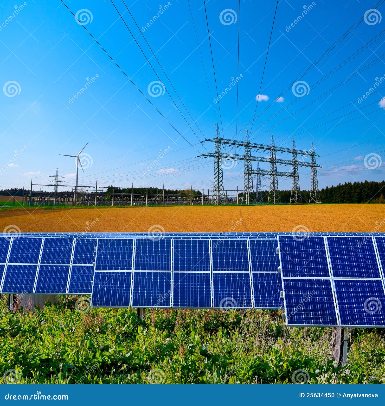 Solar, Electric Substation and Power Lines Stock Photo - Image of pylon ...