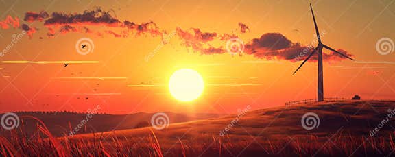 Solar Energy Background Featuring a Solar-powered Windmill on a Hill, with the Sun Setting ...