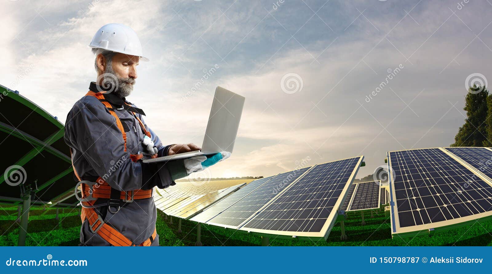 Solar Energy Engineer Using Laptop for Check Station Stock Image ...