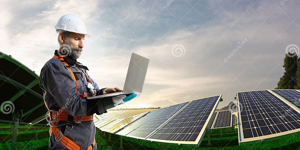 Solar Energy Engineer Using Laptop for Check Station Stock Image ...