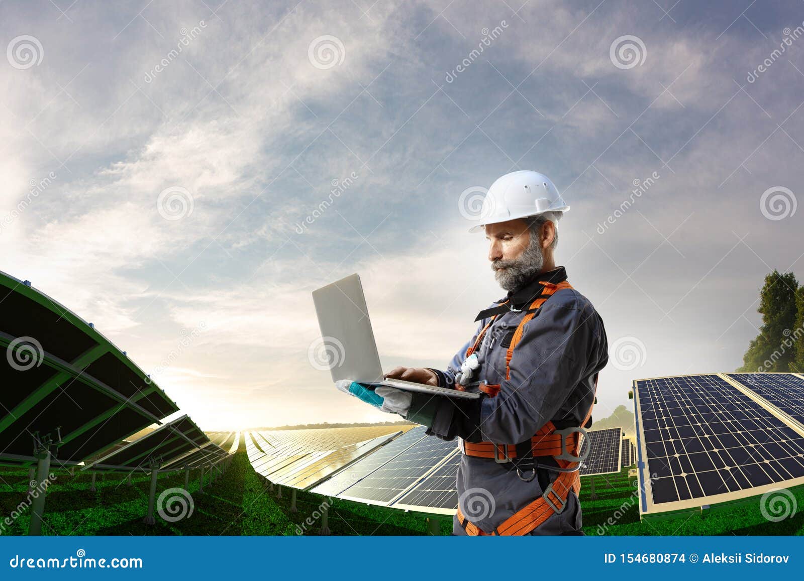 Solar Energy Engineer Using Laptop for Check Station Stock Photo ...