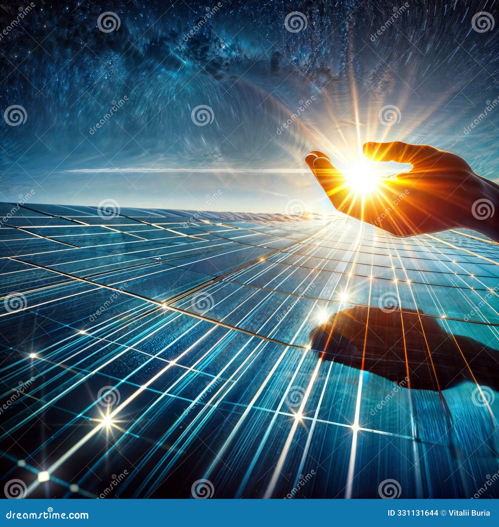 Reaching for Solar Energy: Hand Above Solar Panels, Generative Ai Stock ...