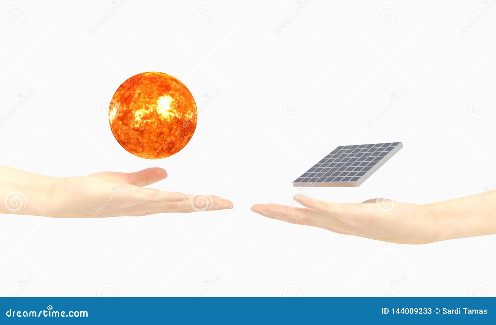 Solar Energy Illustration with Two Hands, Sun and Solar Panel 3D ...