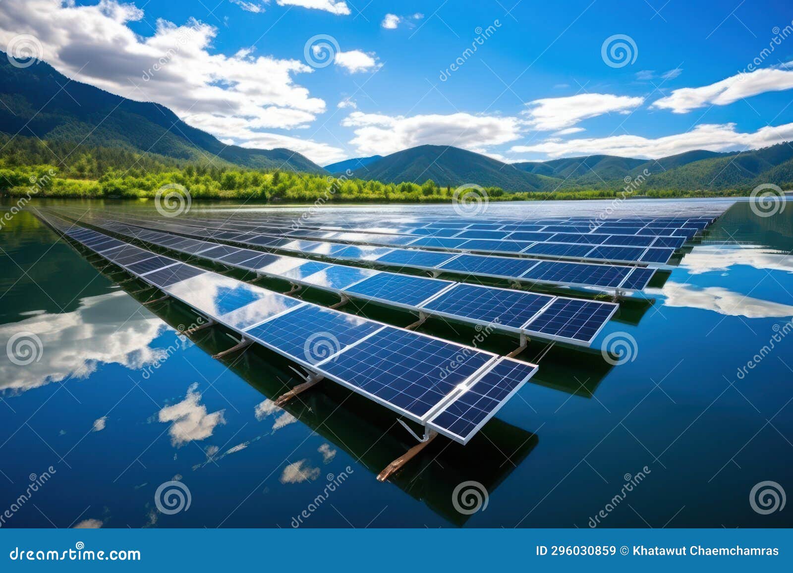 Solar Energy Innovation, Floating Panels on Tranquil Lake Surface Stock ...