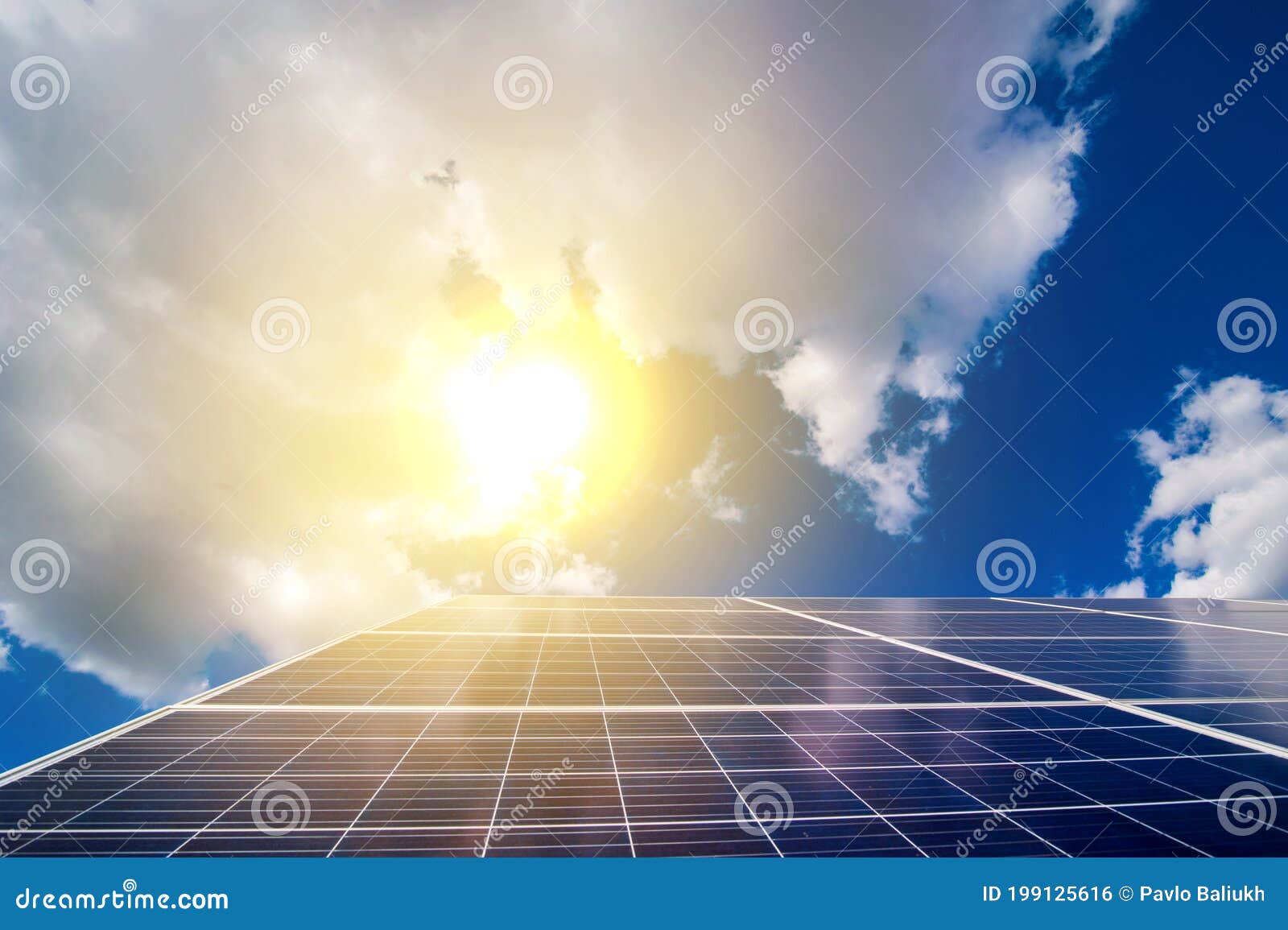 Solar Panel Power System, View on Sky with Clouds and Sun Stock Photo ...