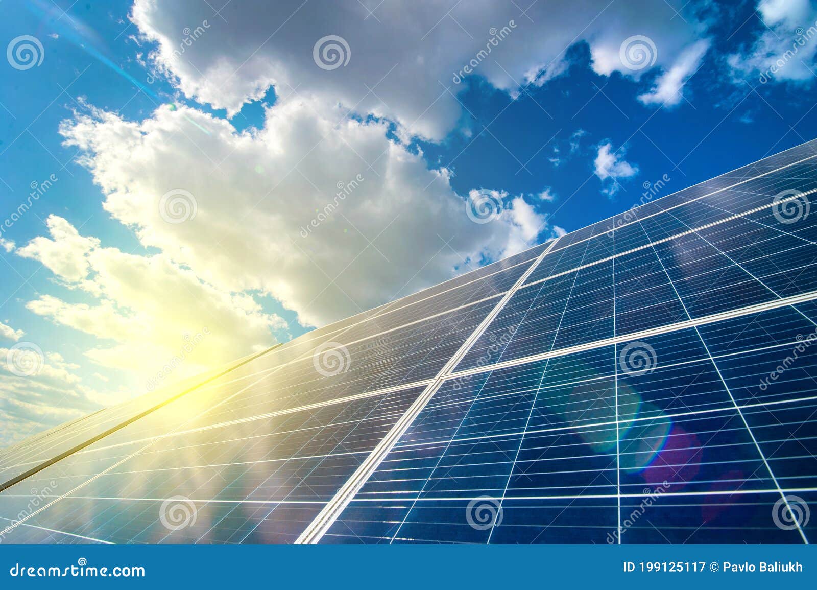Solar Energy Power System, View Up on the Sky with Clouds and Sun Rays ...