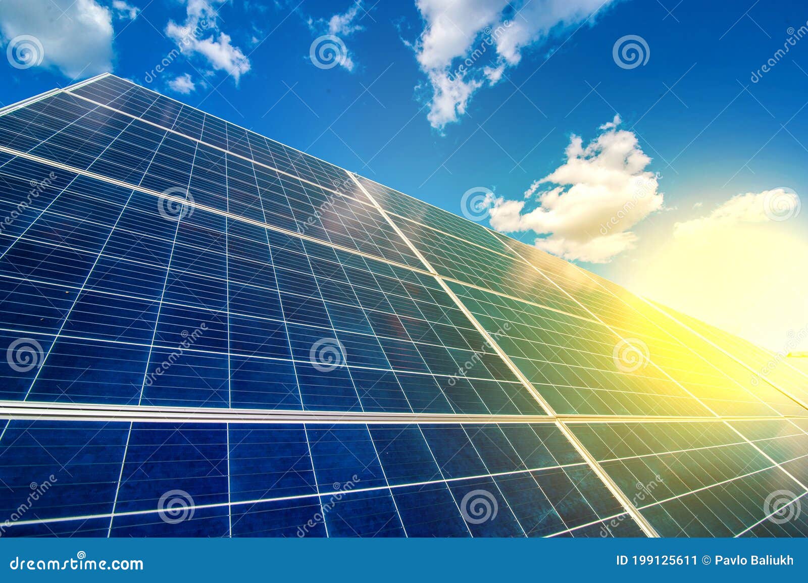 Solar Energy Panel Power View Up on the Sky with Clouds and Sun Rays ...