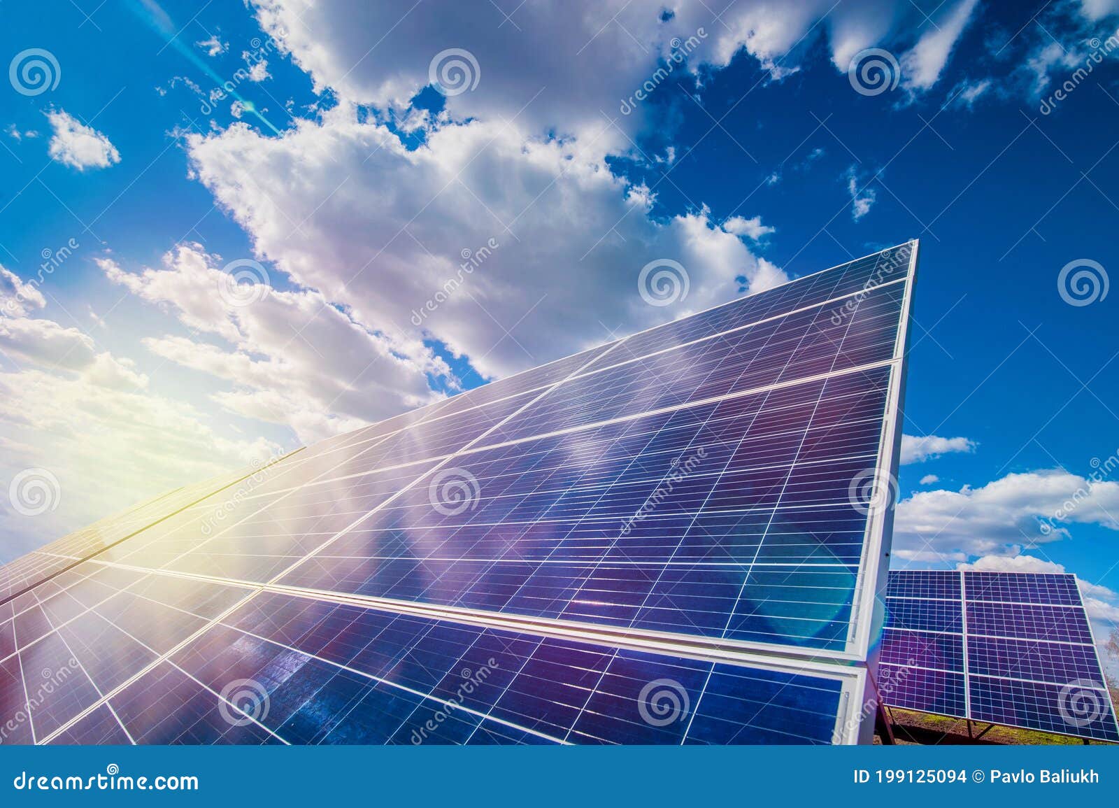 Solar Energy Panel System, Sky Clouds and Sun Rays Stock Photo - Image ...