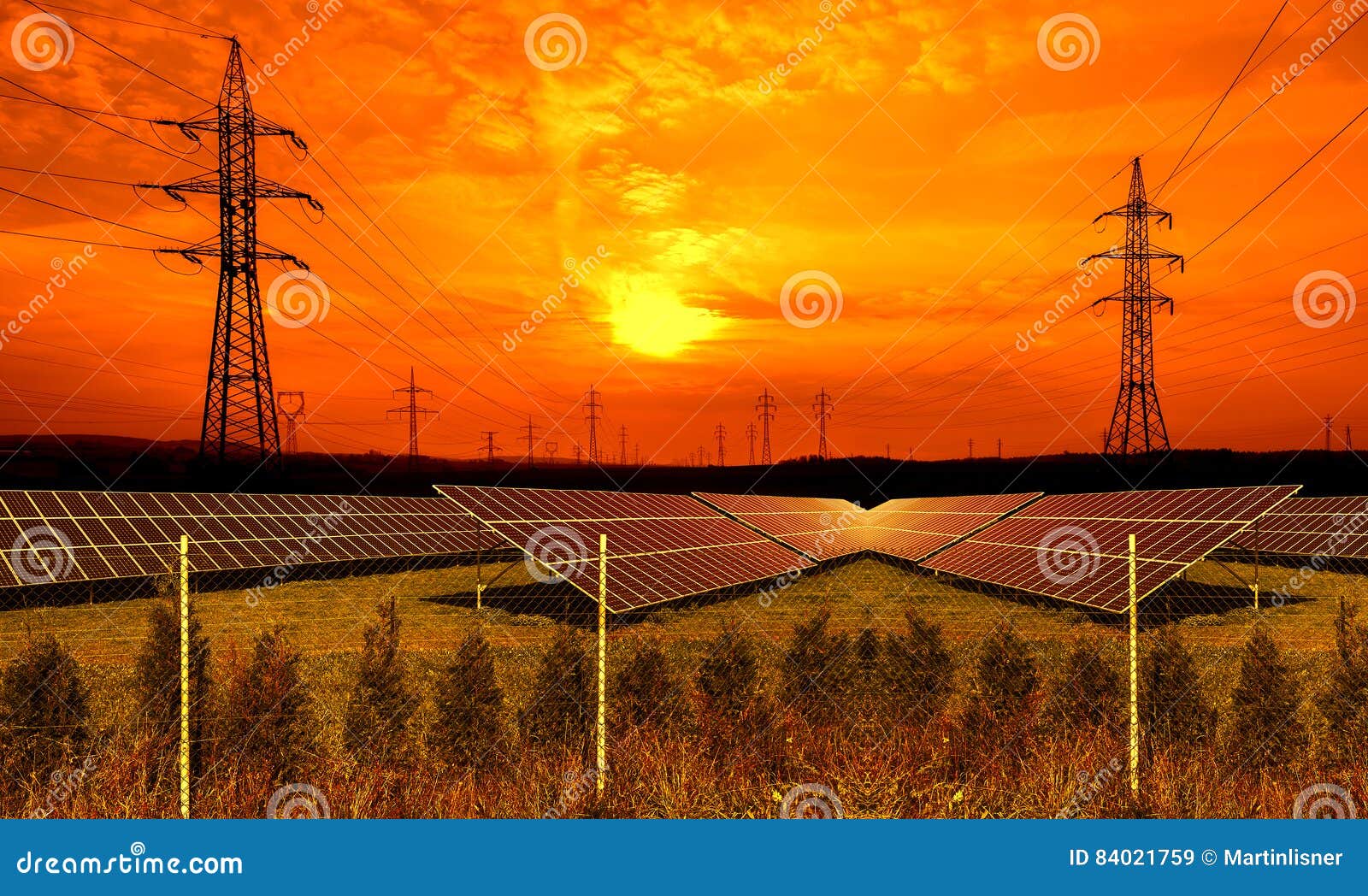 Solar Energy Panels with Electricity Pylon at Sunset Stock Image ...