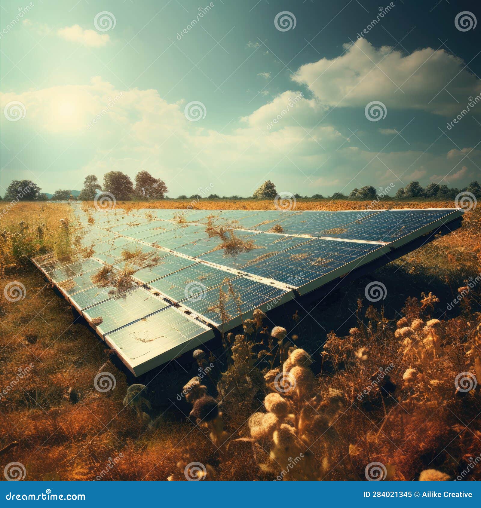 Solar Energy Panels in the Field. Retro Toned Image Stock Illustration ...