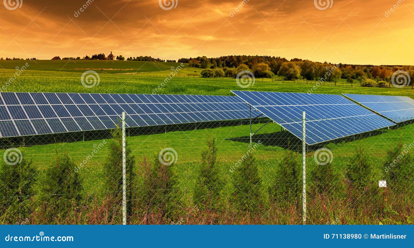 Solar Energy Panels on Green Field, Sunset Sky Stock Photo - Image of ...