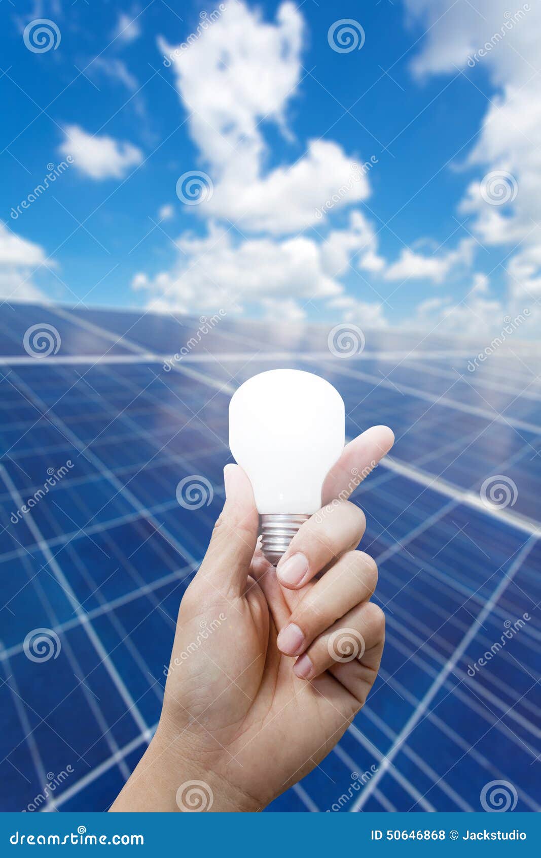 Solar Energy Panels and Light Bulb in Hand, Energy Stock Photo - Image ...