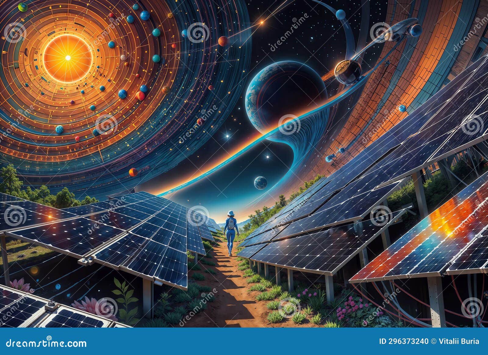 Solar Energy Panels and Man in Front of the Planet. 3d Rendering ...