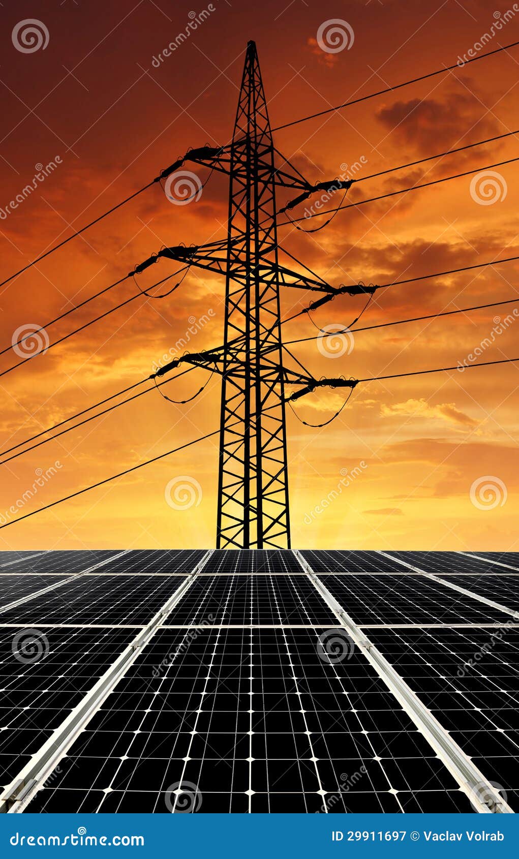 Solar Energy Panels with Power Line Stock Image - Image of nature ...