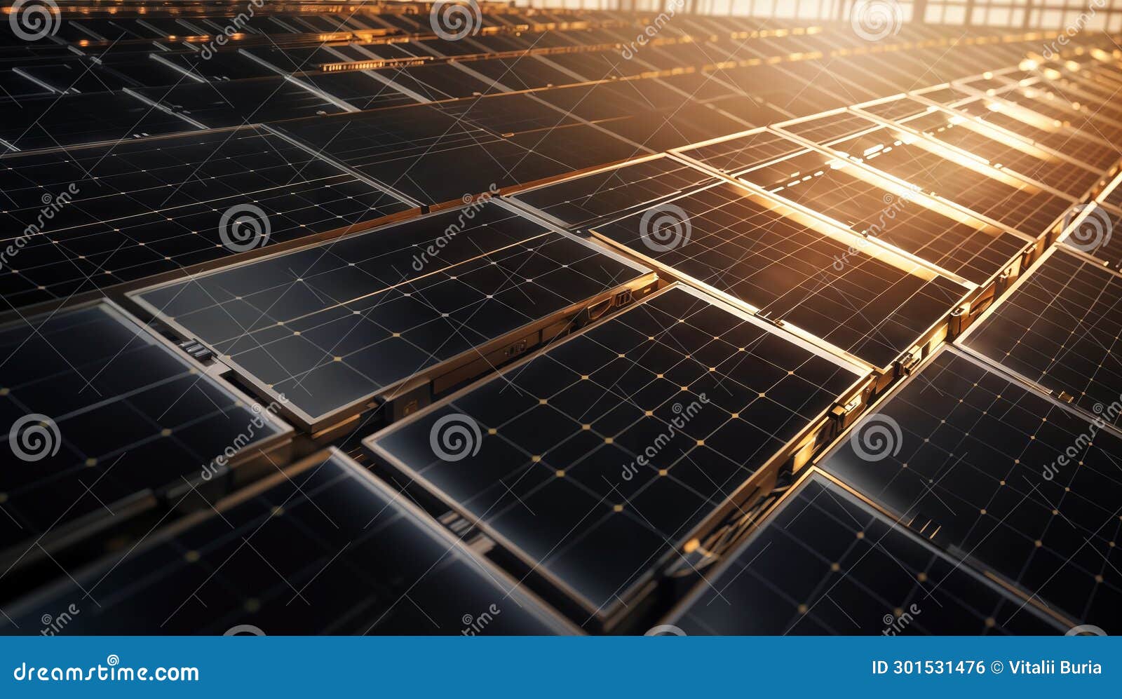 Solar Energy Panels in a Solar Power Plant. 3d Rendering, Generative Ai ...