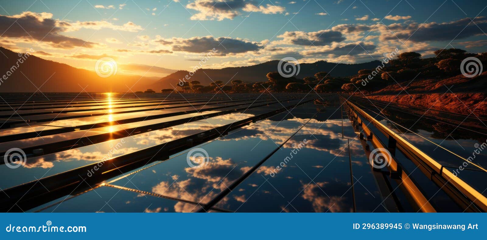 Solar Energy Panels at Sunset with Reflection in Water Stock ...
