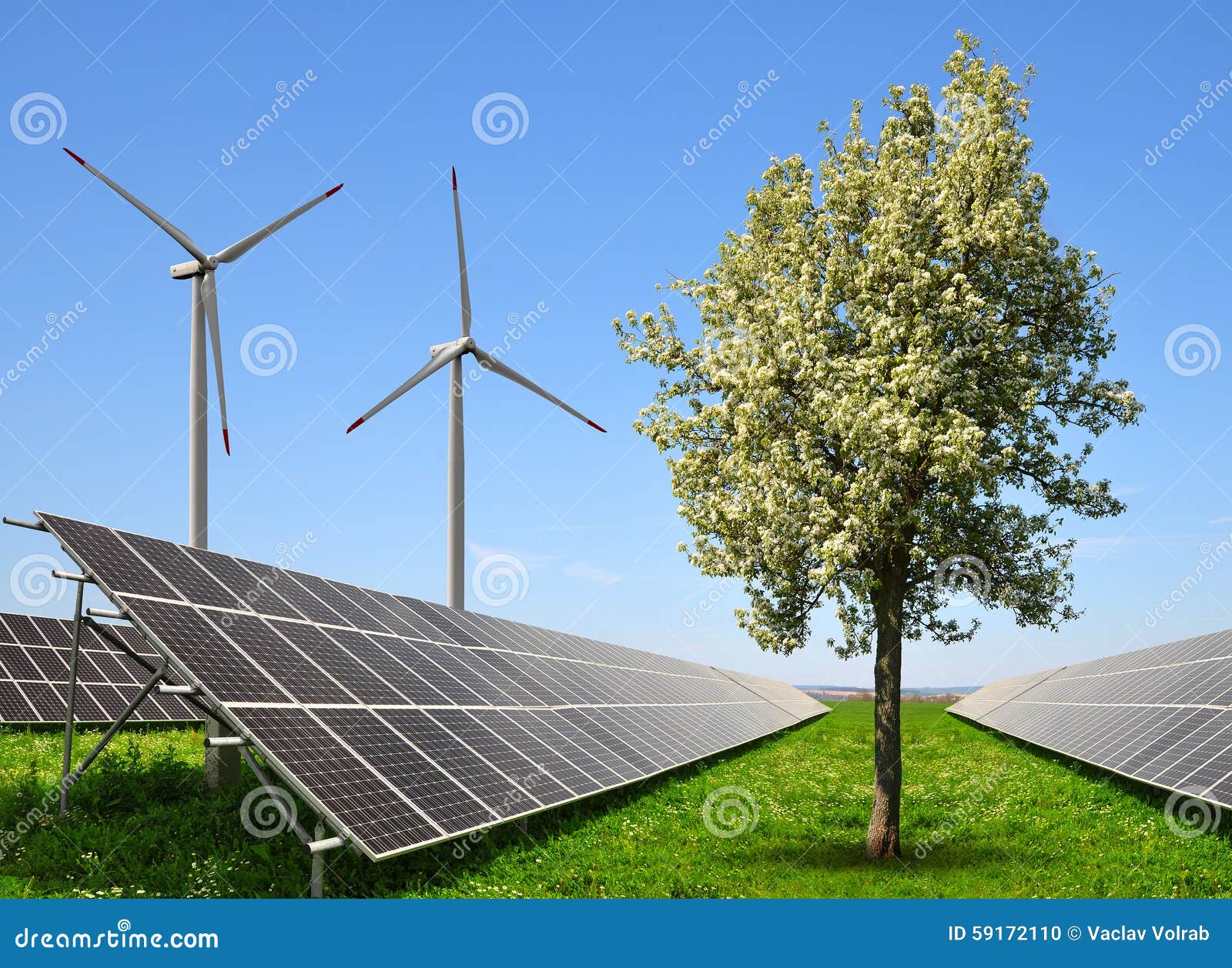 Solar Energy Panels with Wind Turbines Stock Photo - Image of costs ...