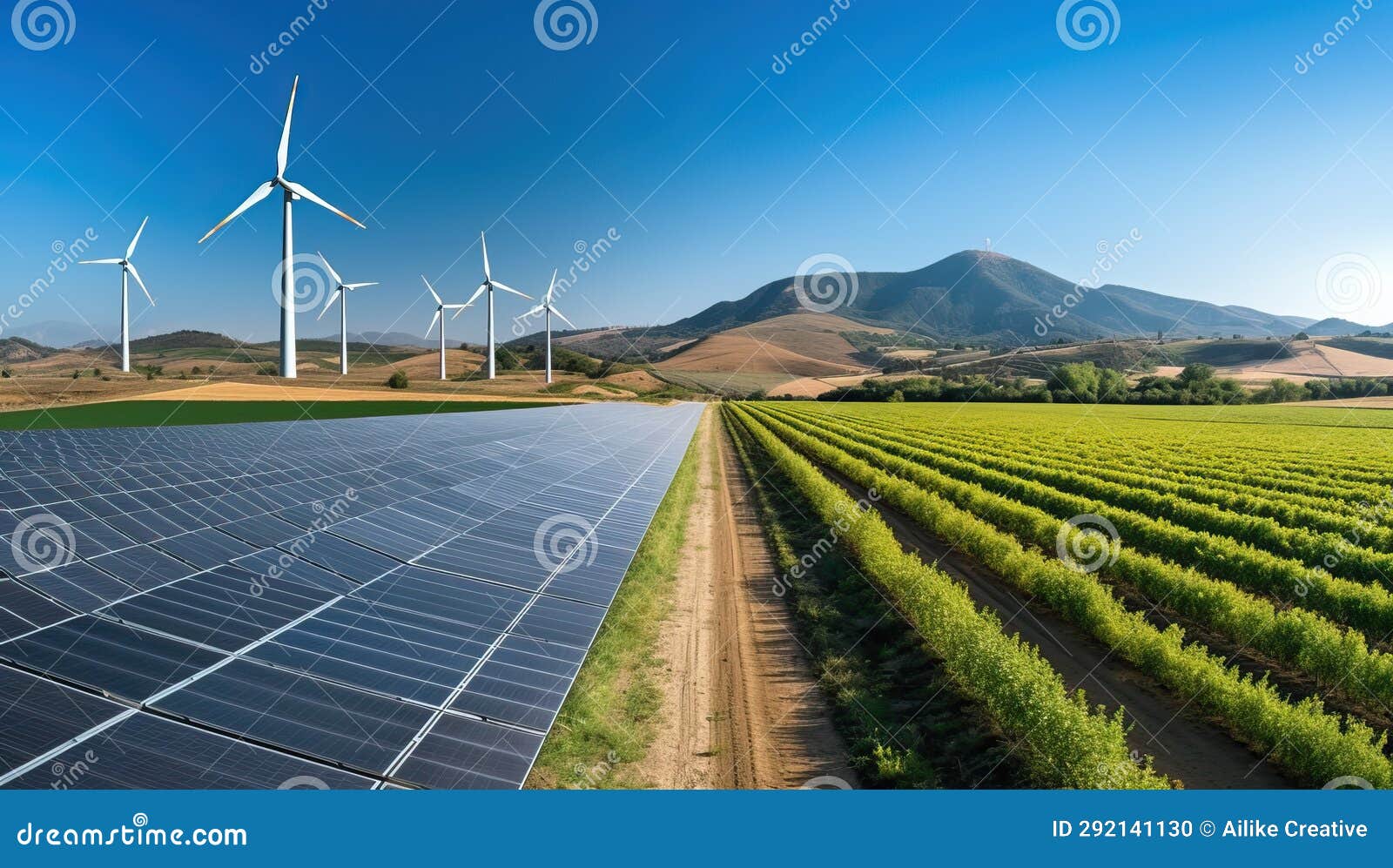 Solar Energy Panels and Wind Turbines in the Countryside Stock ...