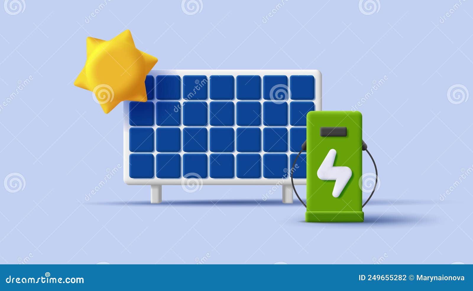 Solar Energy System with Station and Sun Icon, 3d Modern Illustration ...