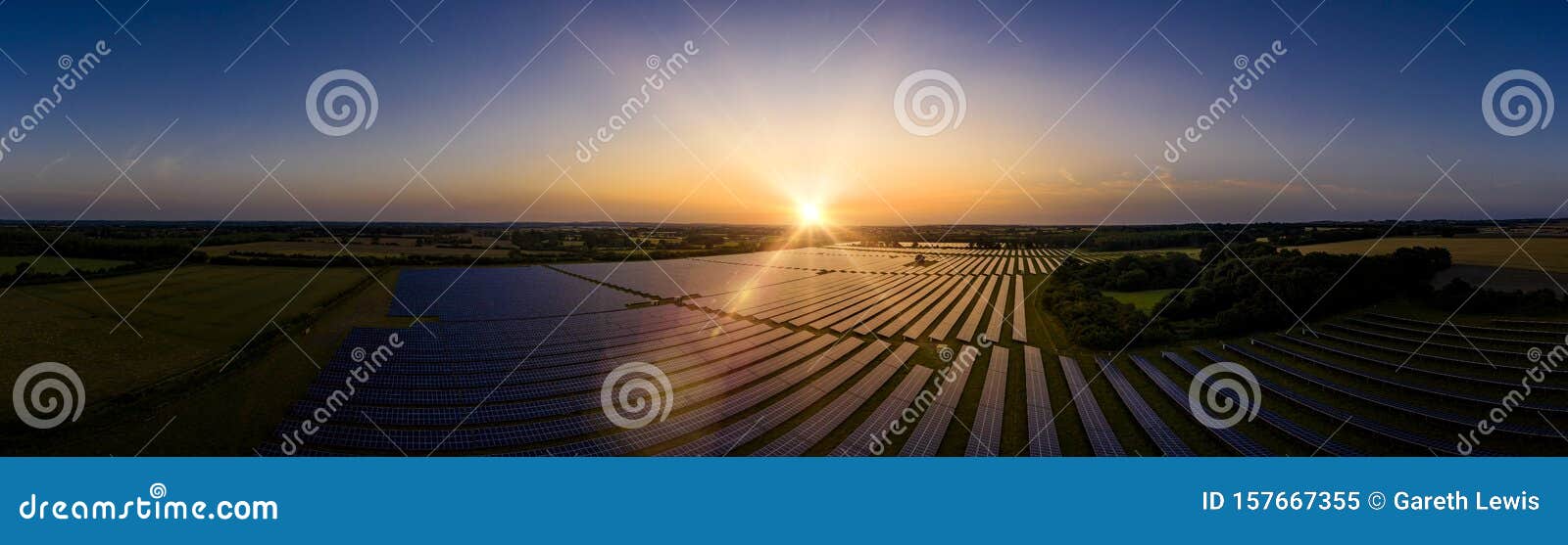 Solar Farm Panoramic at Sunrise Stock Image - Image of industry, dawn ...