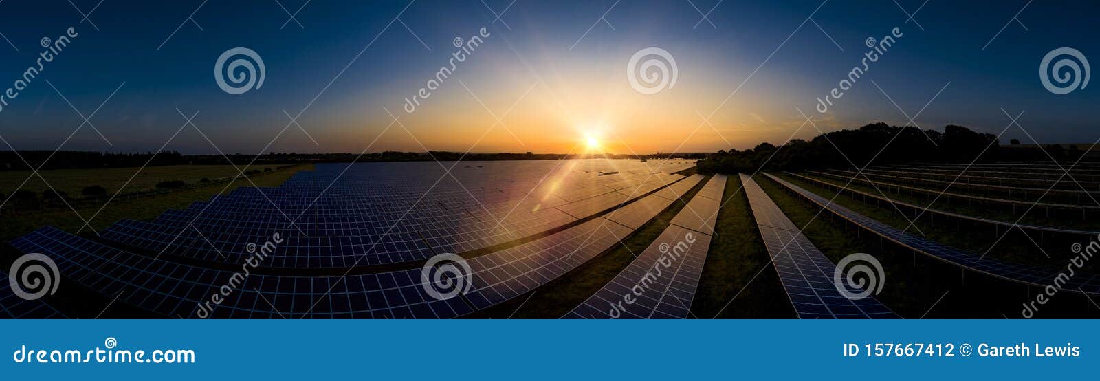Solar Farm Panoramic at Sunrise Stock Photo - Image of sunset, light ...