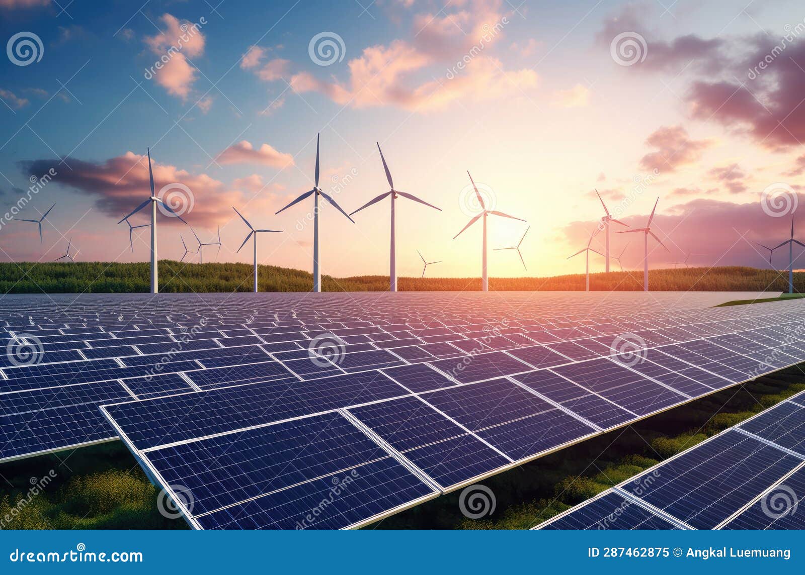 Solar Farm Setup with Windmills and Solar Panels Stock Illustration ...