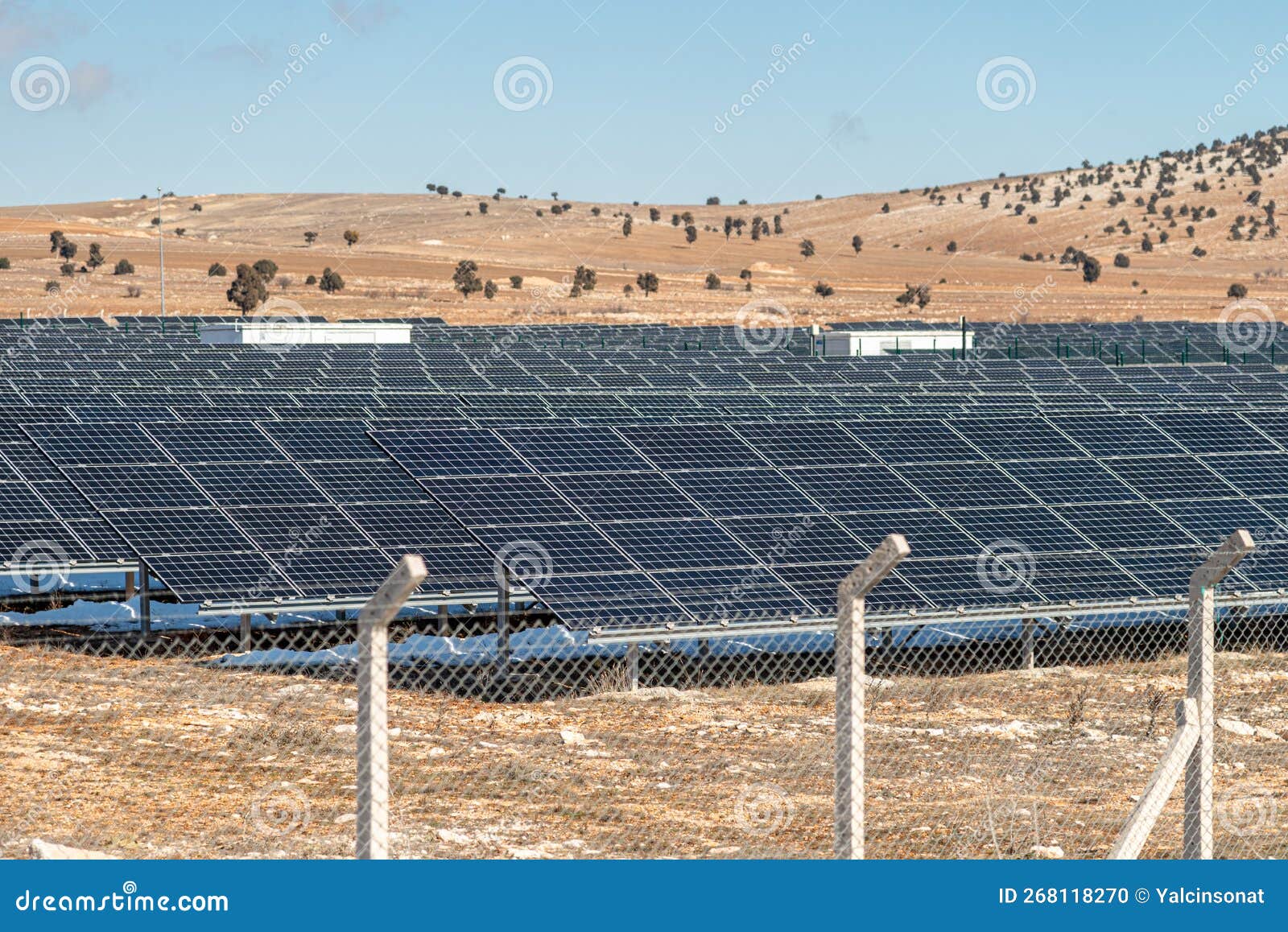 Solar Field with Fenced Solar Panels at Sunset Stock Photo - Image of ...