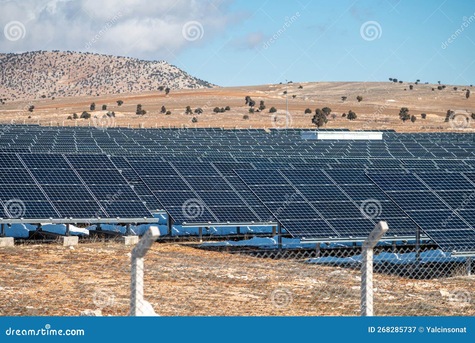 Solar Field with Fenced Solar Panels at Sunset Stock Image - Image of ...