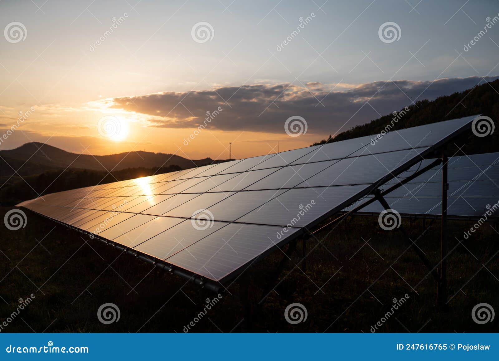 Solar Panel Against Sunset Background. Photovoltaic, Alternative ...