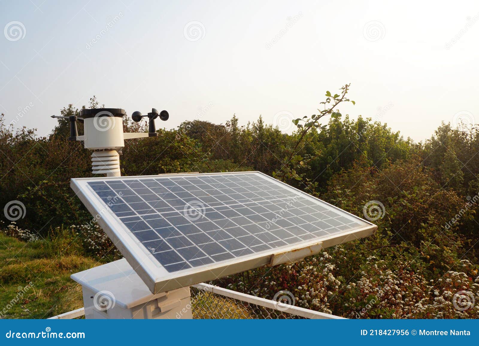 Solar Panel and Anemometer Were Installed Outdoors. Stock Photo - Image ...