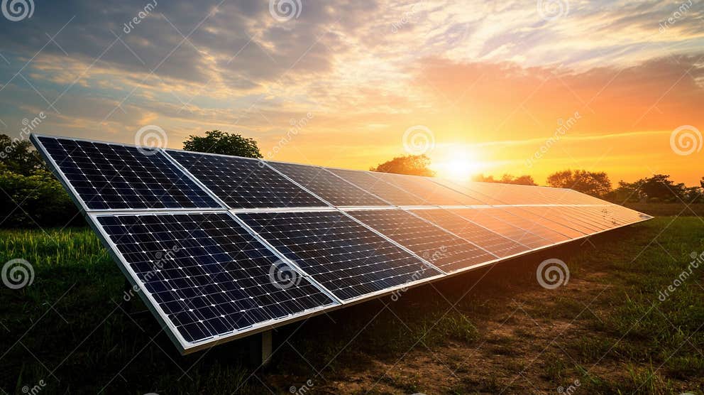 Solar Panel Array in Field at Sunset, Generating Renewable Energy for ...