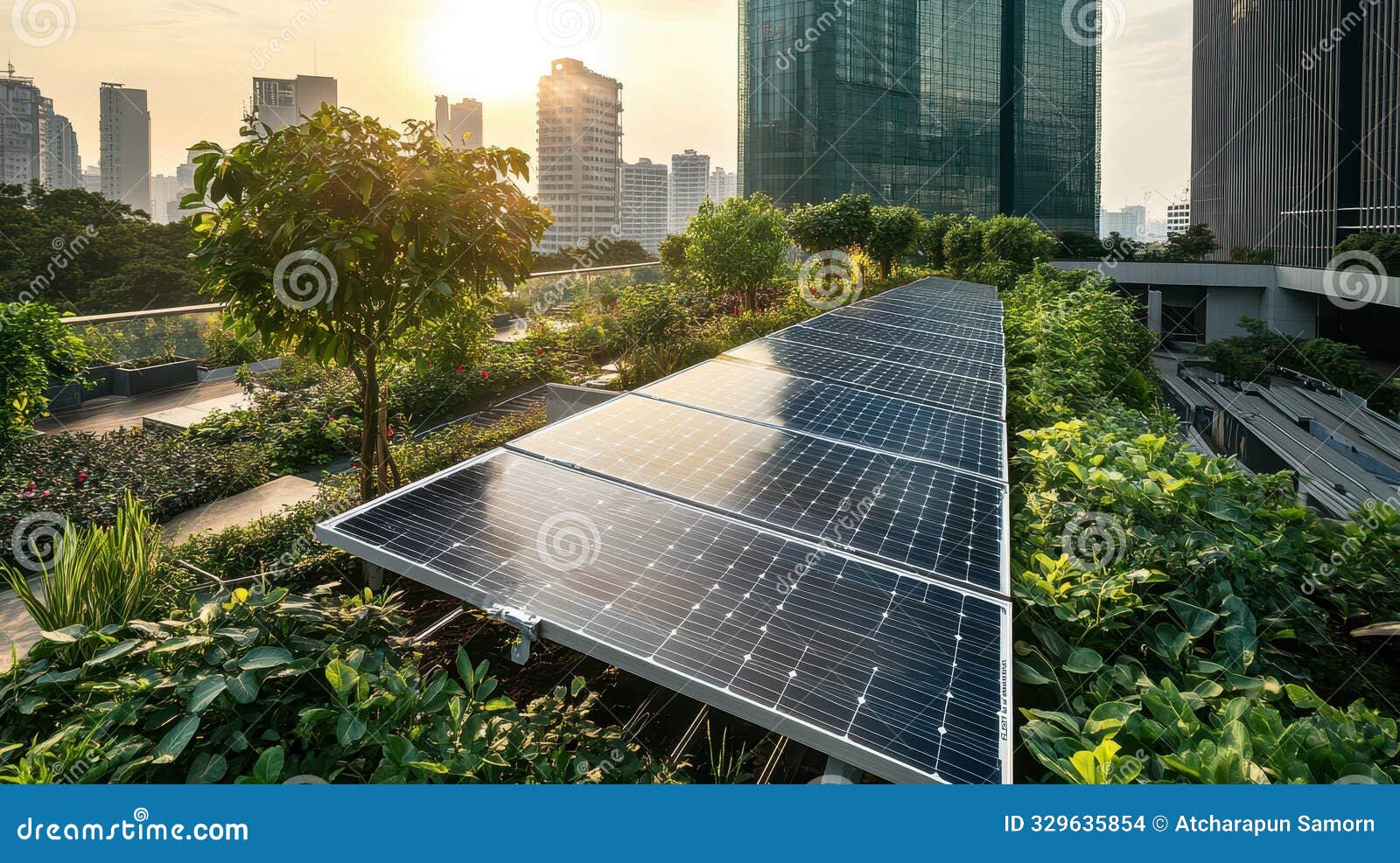 A Solar Panel Array is Installed on a Roof of a Building in a City ...