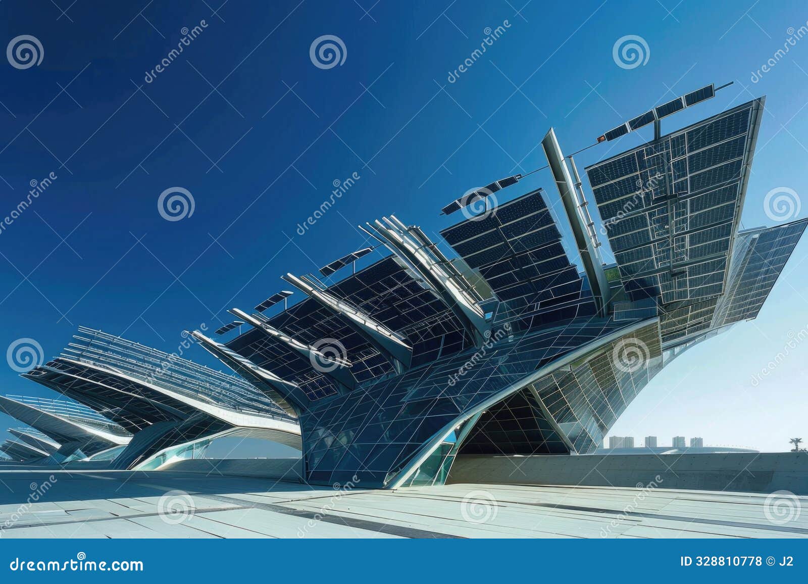 Solar Panel Array in Modern Architectural Design Under Clear Blue Sky ...