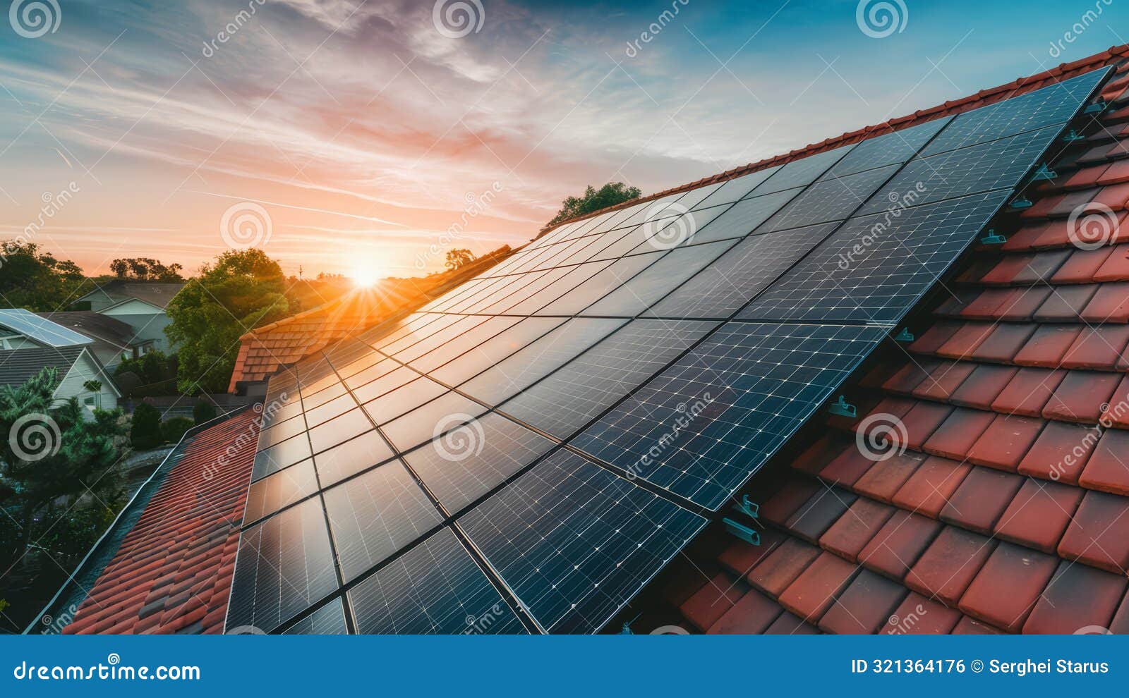 A Solar Panel Array on a Roof with the Sun Setting in the Background ...