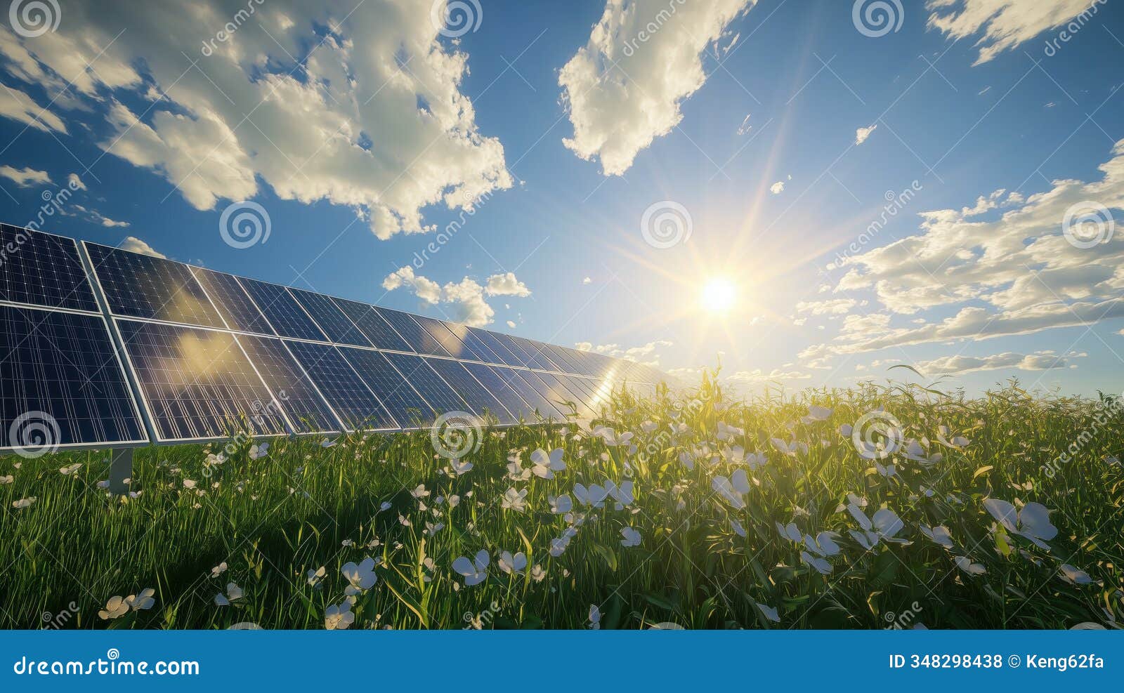Solar Panel Array Shines Under Bright Blue Sky with Fluffy Clouds Stock Illustration ...