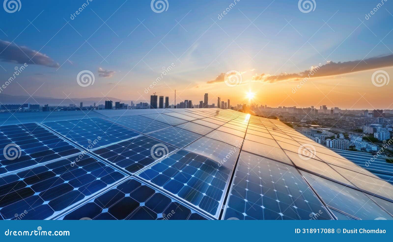 A Solar Panel Array is Shown in the Sky with the Sun Shining on it ...