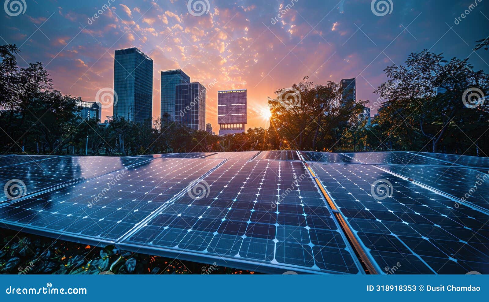 A Solar Panel Array is Shown in the Sky with the Sun Shining on it ...