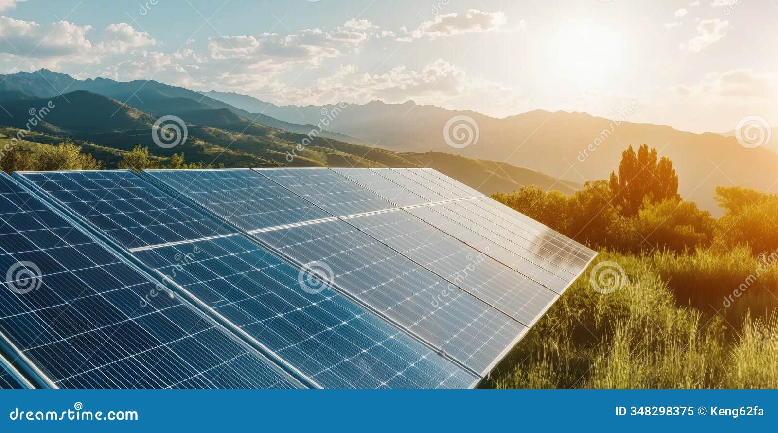 Solar Panel Array Under Bright Blue Sky with Mountains in Background ...