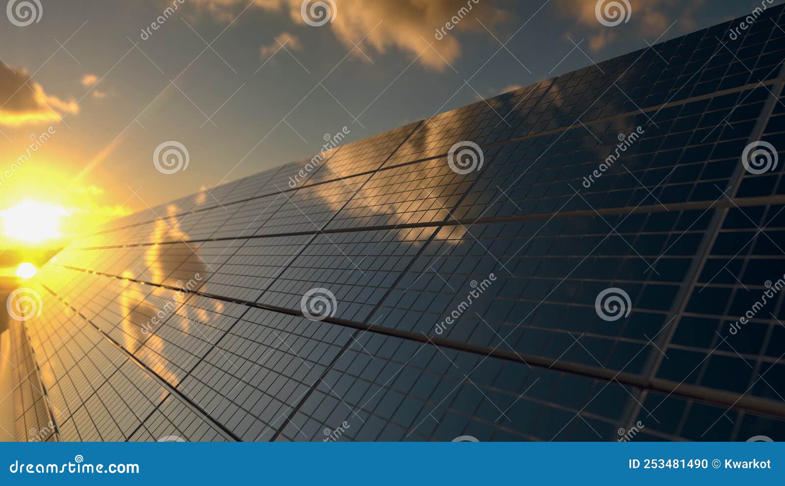 Solar Panel Background. Sun Above the Solar Farm. 3d Rendering Stock ...