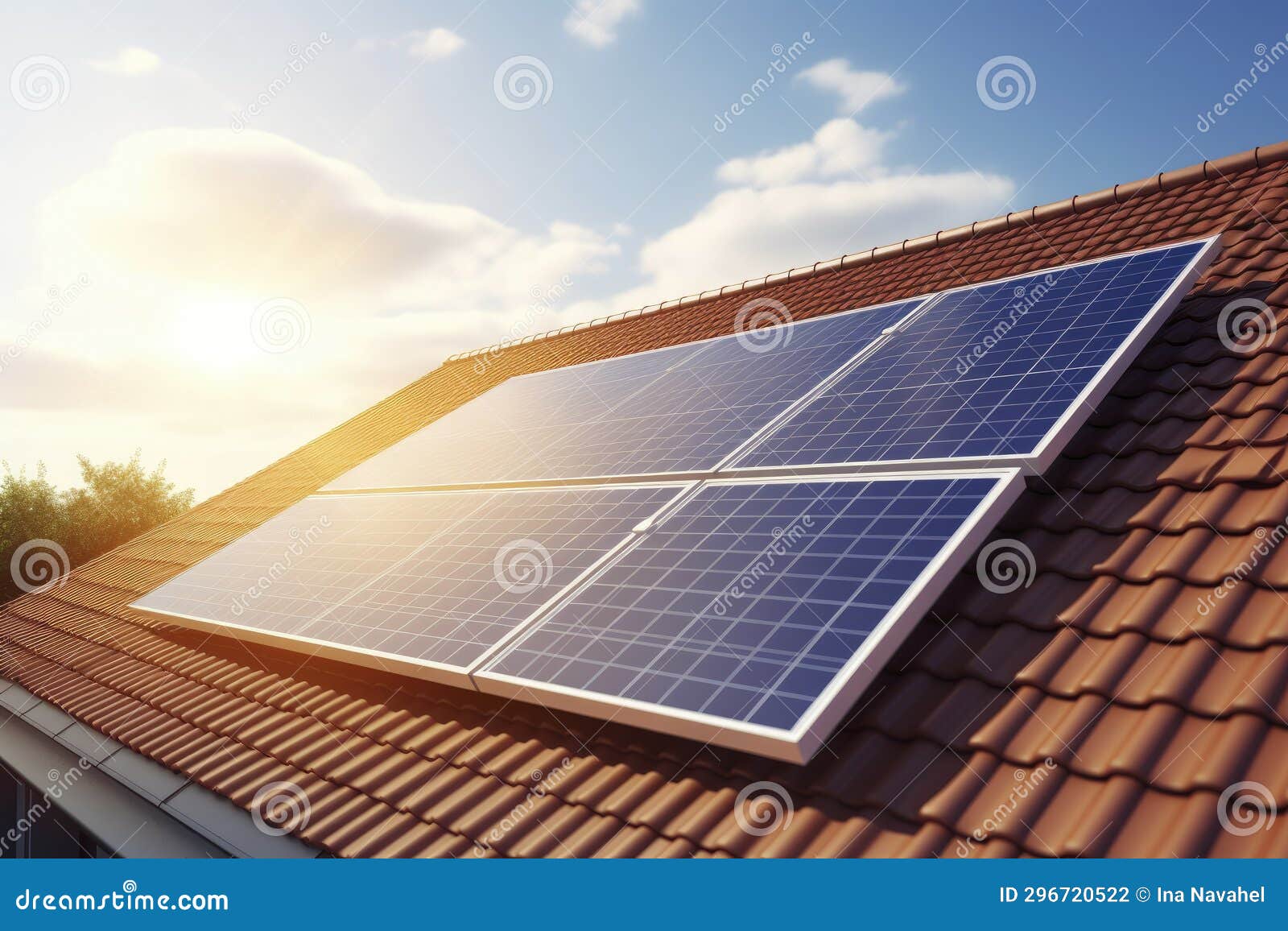 Solar Panel On Blue Sky Background. Panels Installed In Straight Long ...