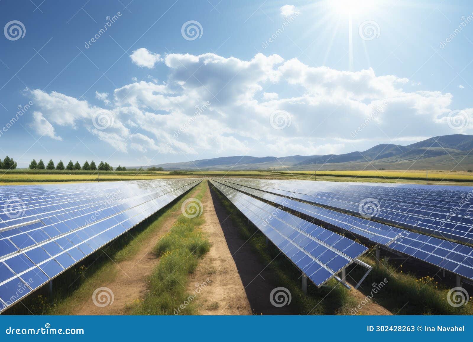 Solar Panel on Blue Sky Background. Panels Installed in Straight Long ...