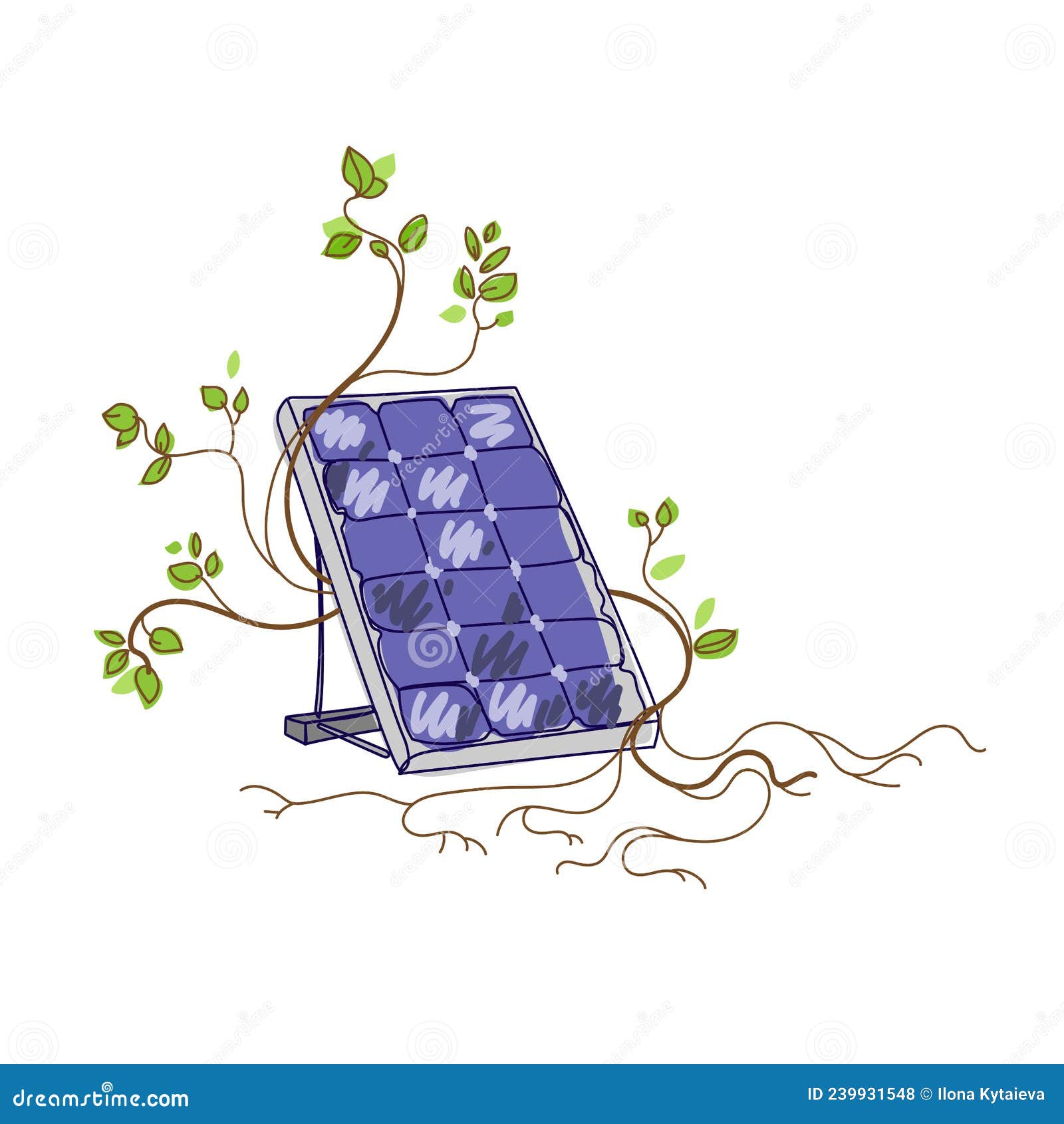 Solar Panel with Branches and Leaves Drawn in Sketch Style Vector ...