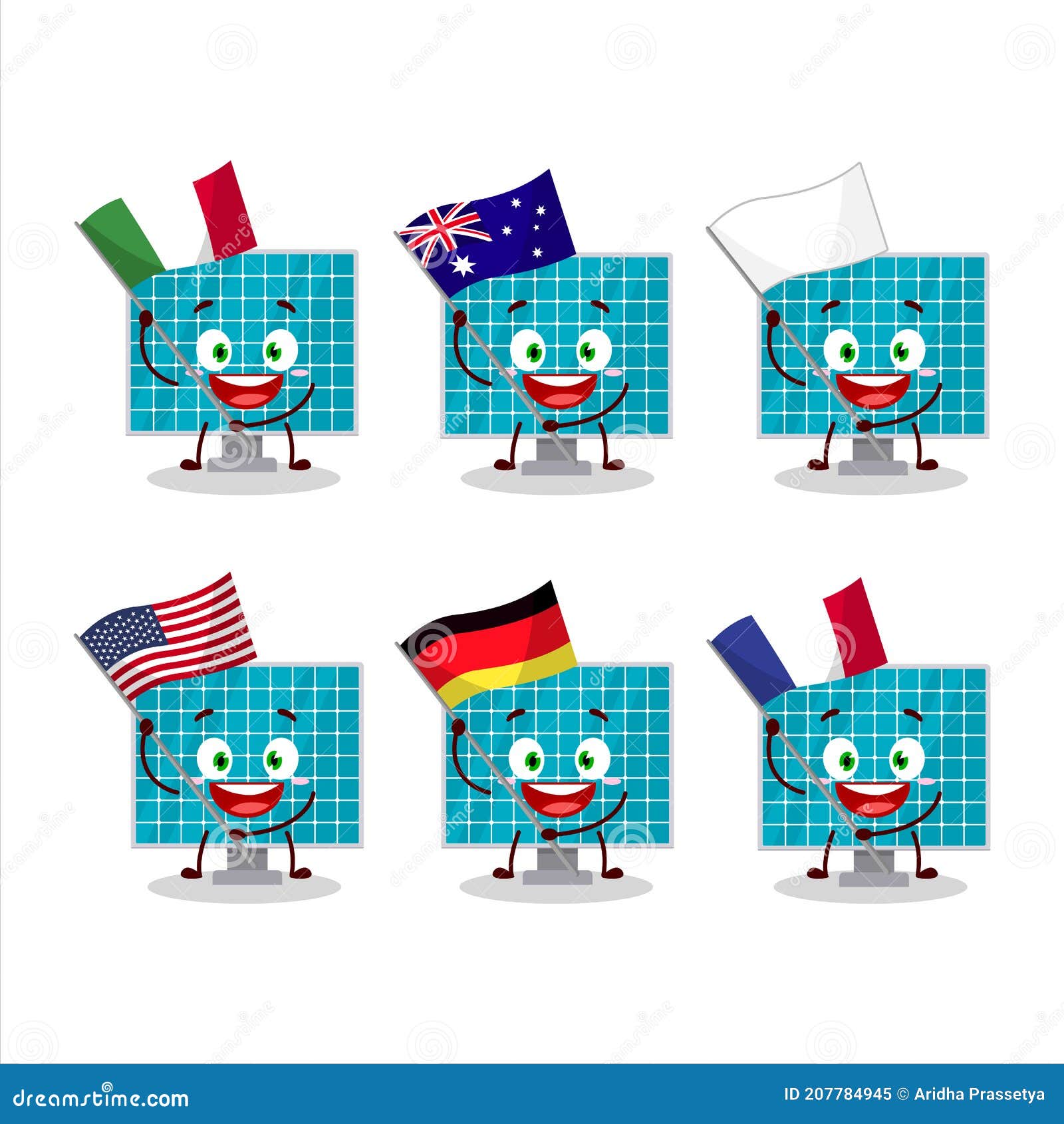 Solar Panel Cartoon Character Bring the Flags of Various Countries ...