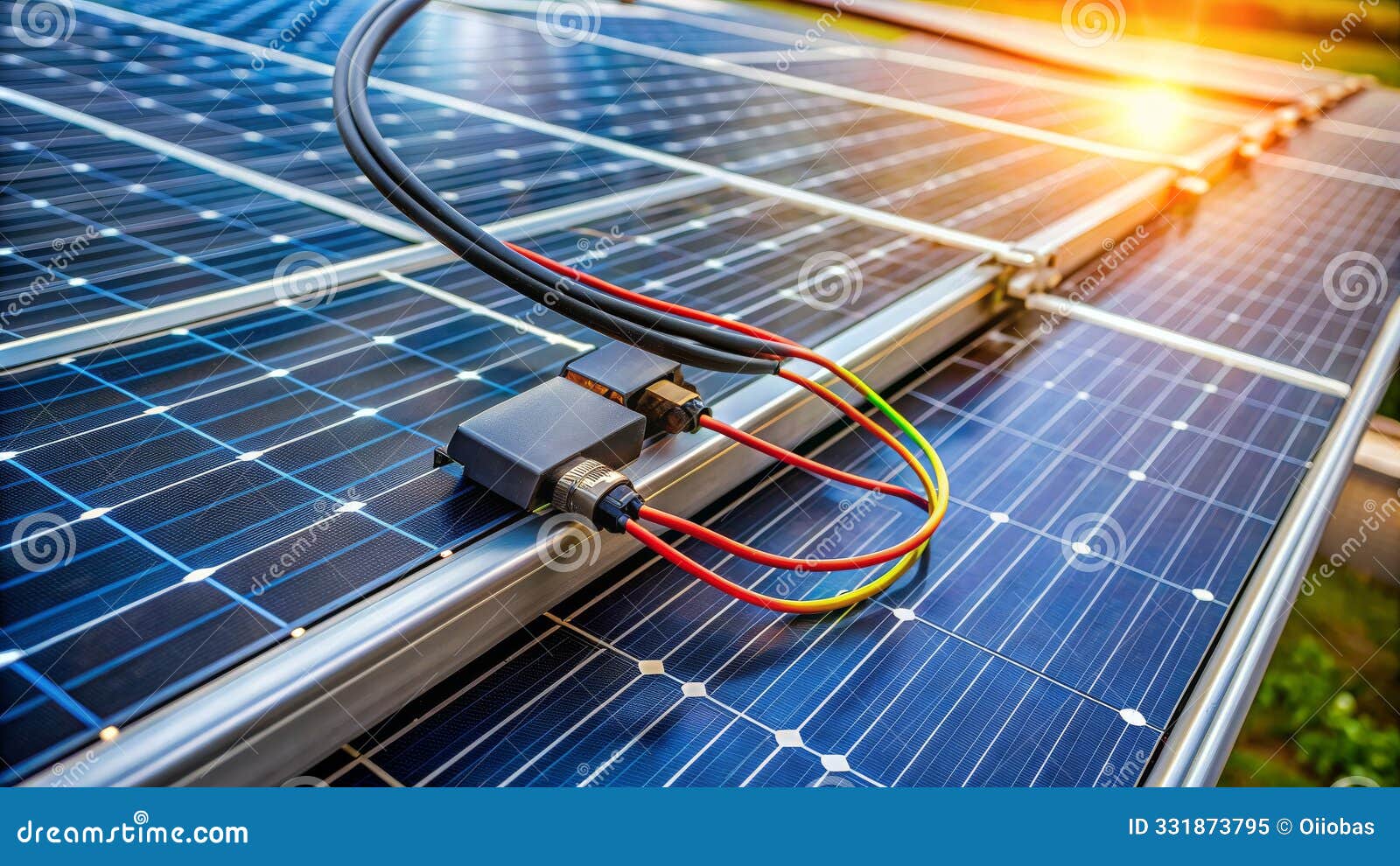 Solar Panel Connection Close-up Cables and Connectors on a Blue Panel ...